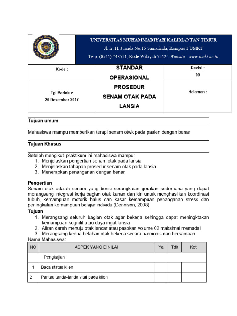 SOP Senam Otak untuk Lansia | PDF