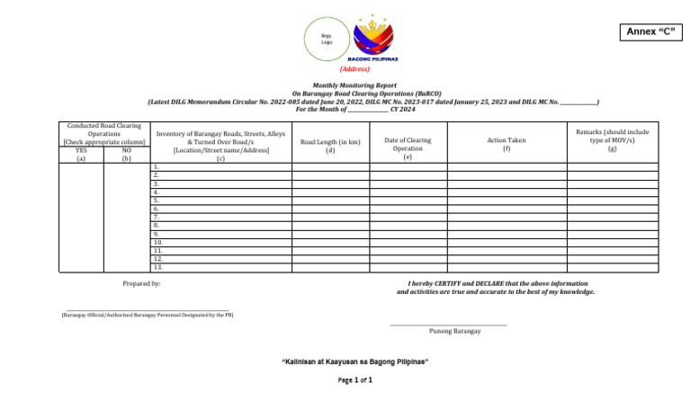 Annex C - Barangay BaRCO Monthly Monitoring Report Template With PBs ...
