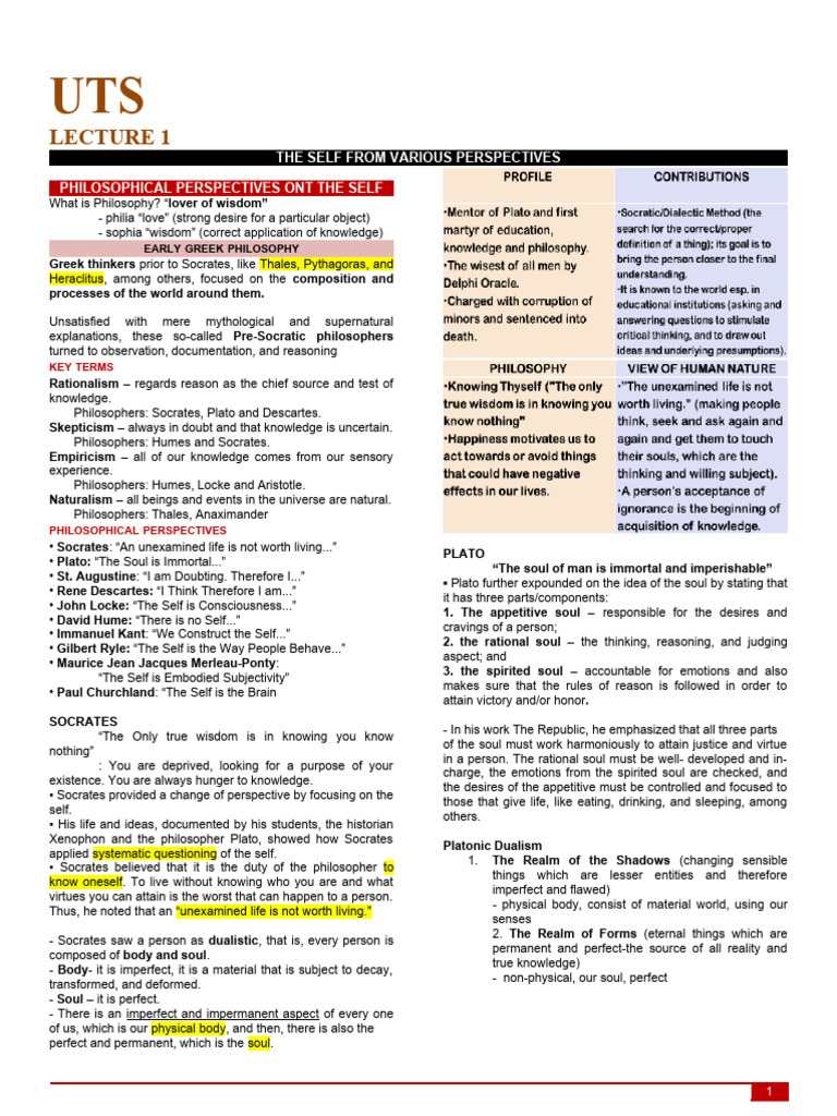 Ustp Les 1 Reviewer | PDF | Philosophy Of Self | Reason