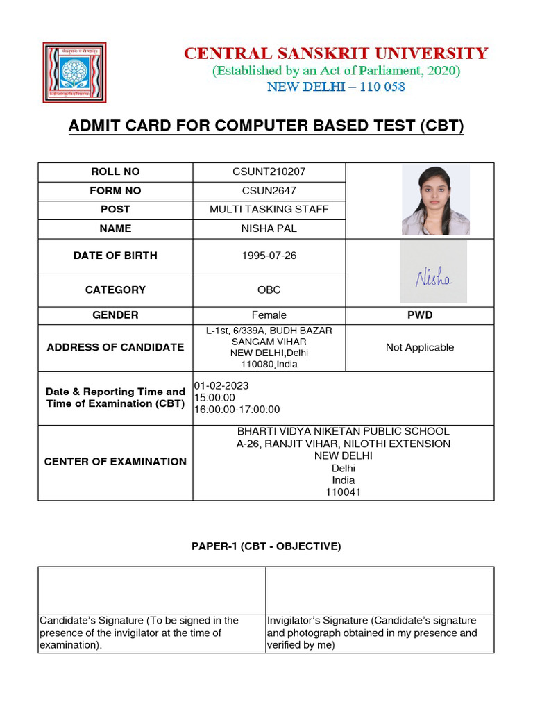 Nisha Central University Admit Card | PDF