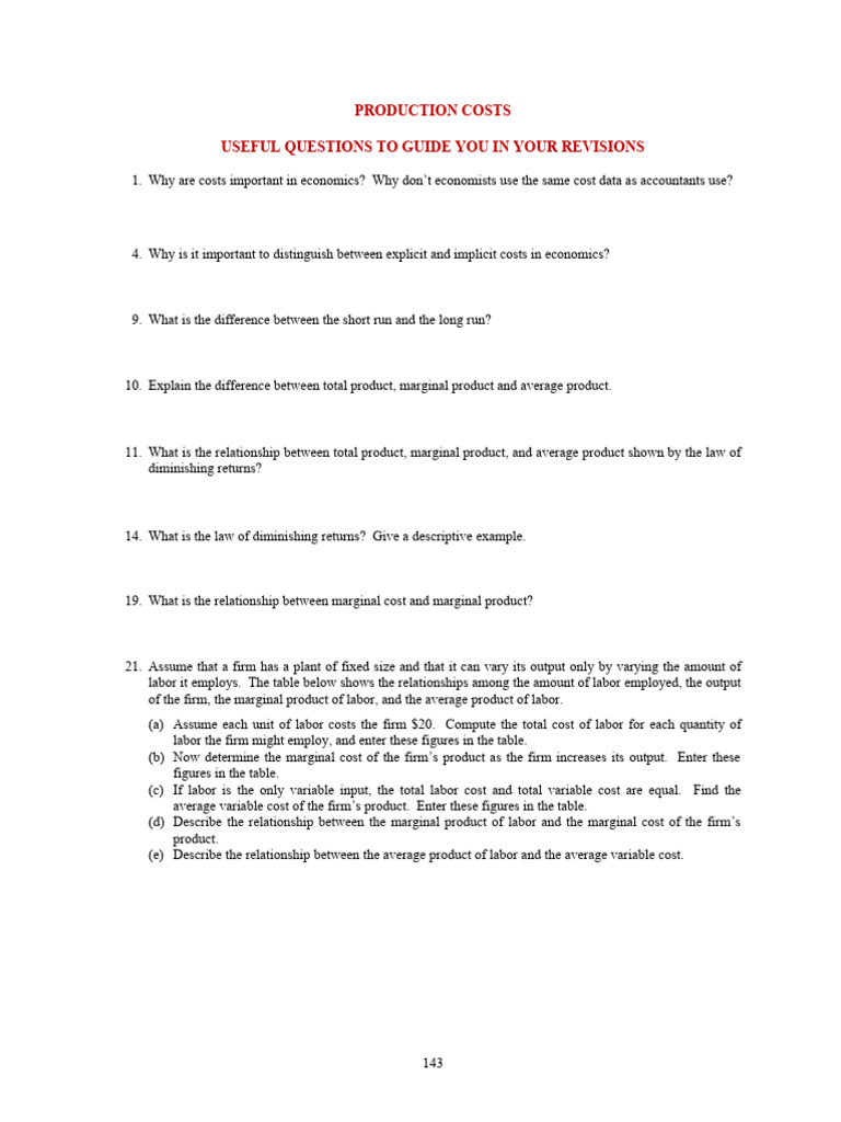 The Costs of Production - Practice | PDF | Marginal Cost | Labour Economics