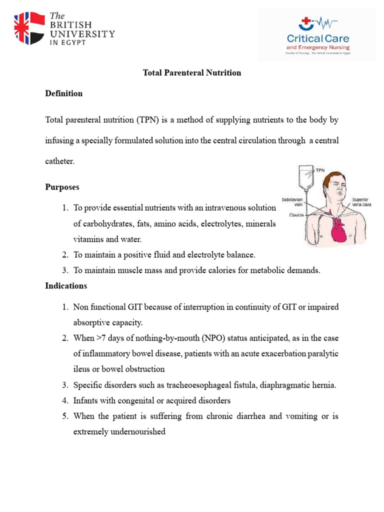 Total Parenteral Nutrition Procedure | PDF | Intravenous Therapy | Diseases And Disorders