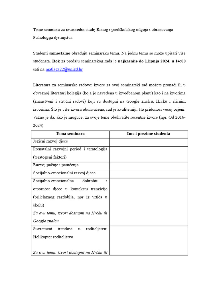 Izvanredni Studij. Seminarske Teme I Ostale Bilješke | PDF