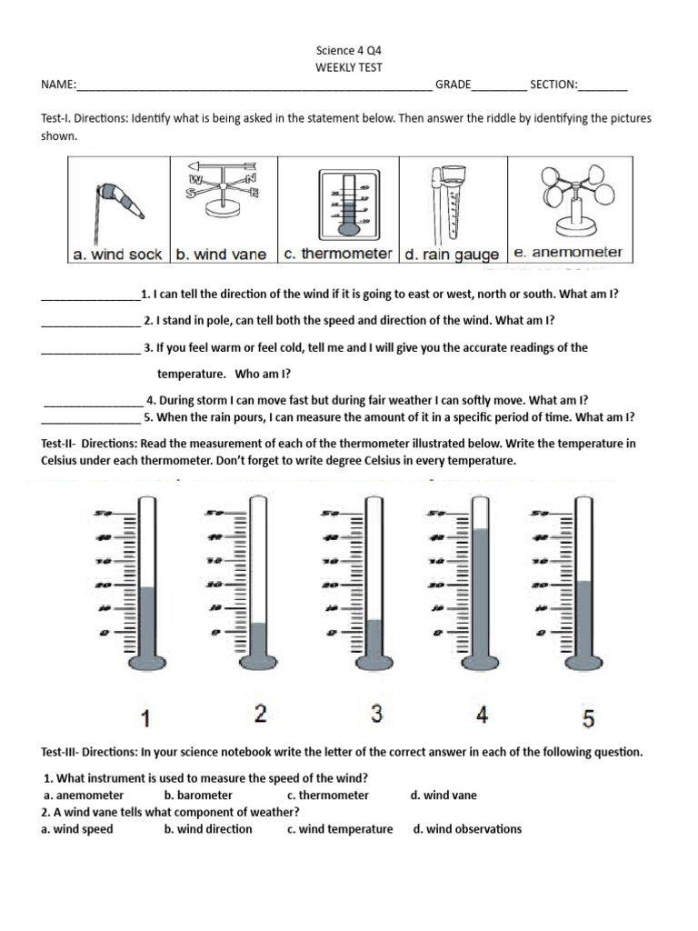 4th Grade Weather Instruments Quiz | PDF | Weather | Wind Speed