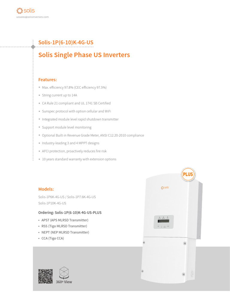 Solis Datasheet Solis-1P (6-10) K-4G-US USA V2,3 2023 07 | PDF | Power Inverter | Manufactured Goods