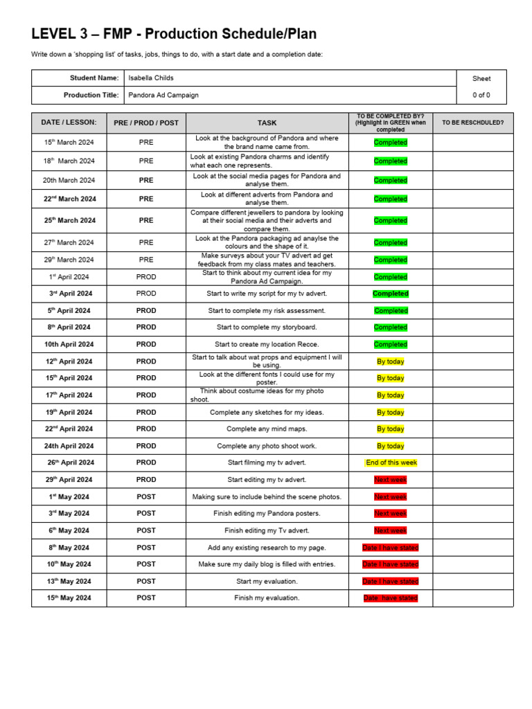 Level 3 - FMP Production Schedule Blank | PDF