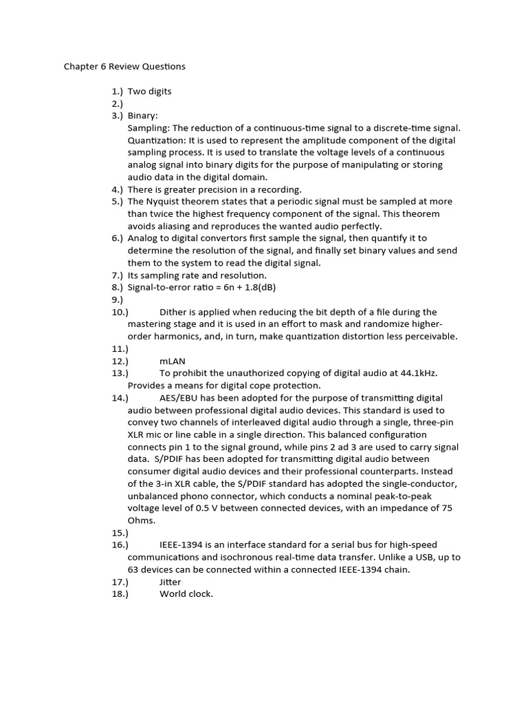 Chapter 6 Review Questions Pdf Sampling Signal Processing Digital Audio 