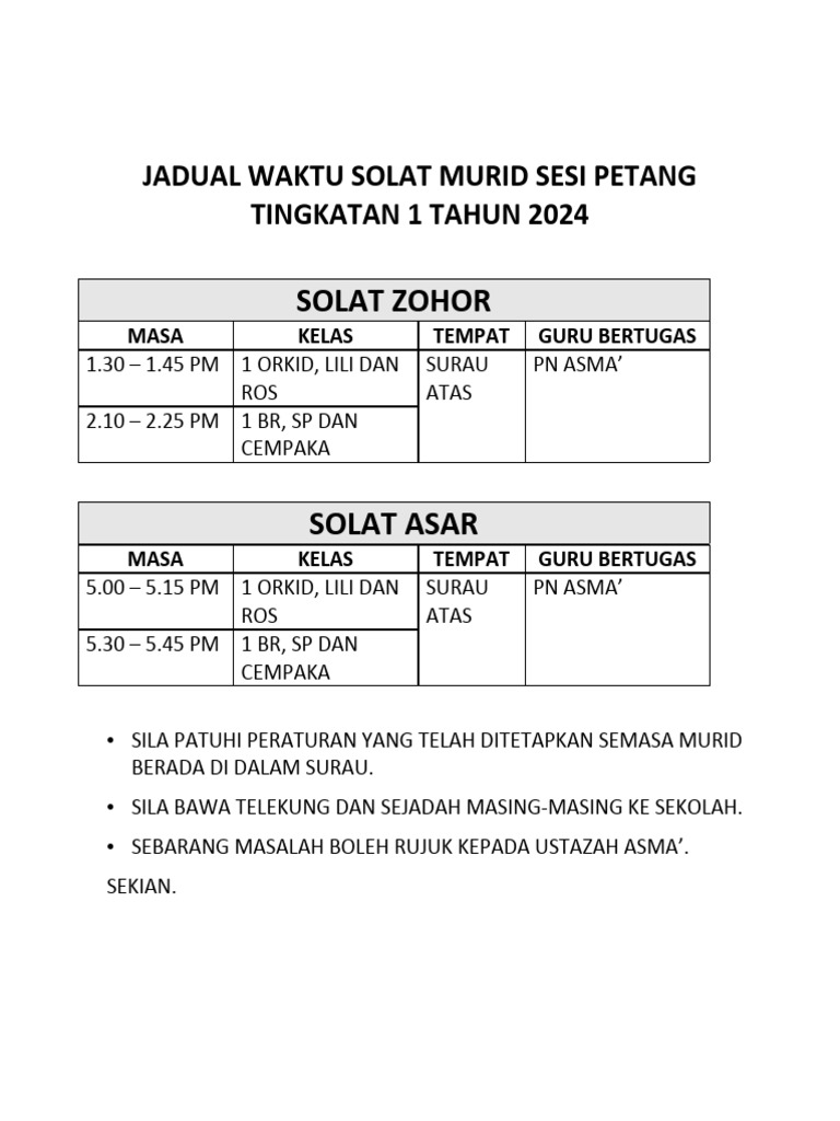 Jadual Waktu Solat 2024 | PDF