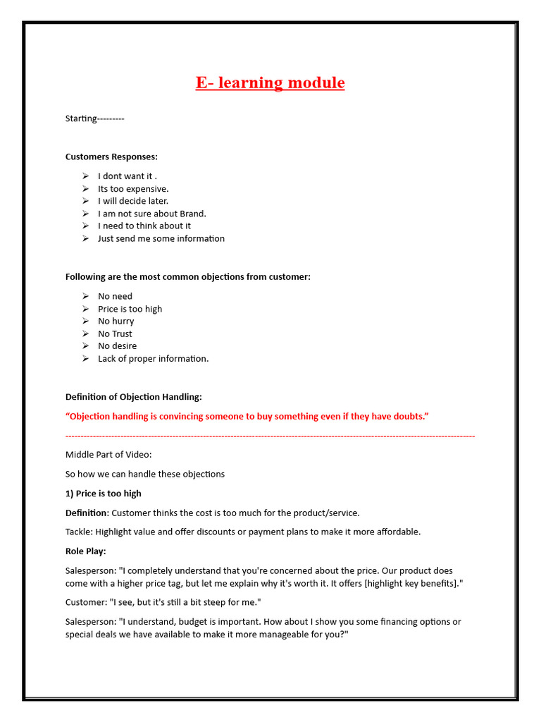 Elearing Module Objection Handling | PDF | Sales | Prices