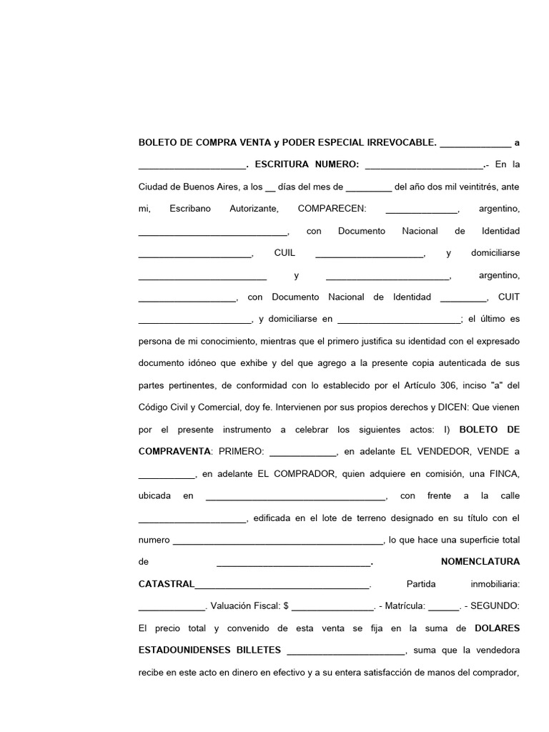 Boleto de Compra Venta y Poder Especial Irrevocable Modelo | PDF | Derecho civil (sistema legal ...