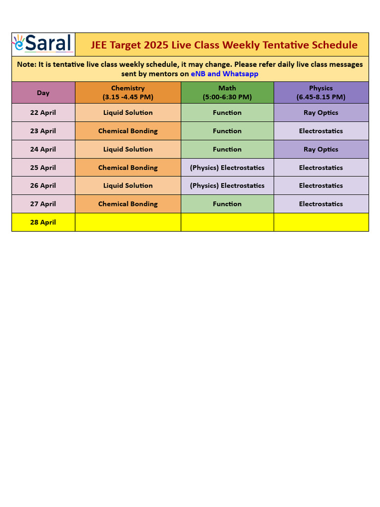 JEE Prahaar 2025 Live Class Weekly Schedule-3 | PDF