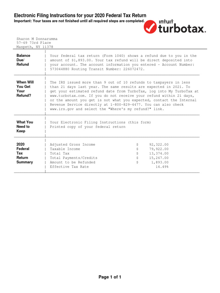 2020 Donnarumma Sh Form 1040 Individual Tax Return_Records | PDF ...