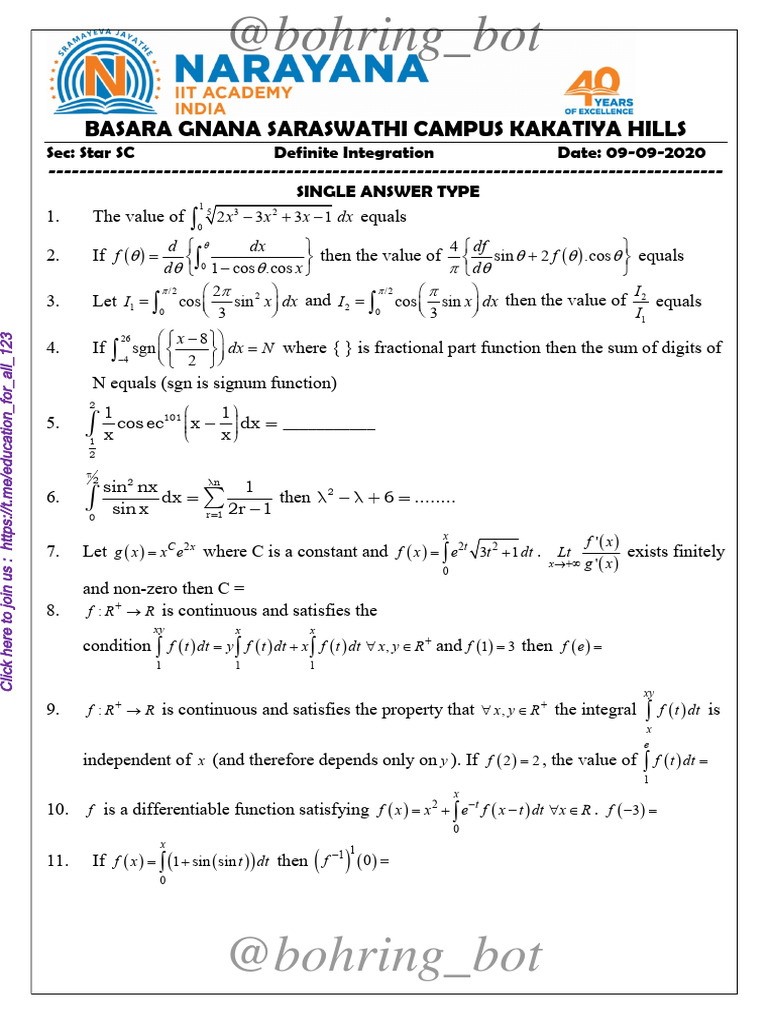 Definite Integration Problems and Solutions | PDF | Mathematical Objects | Elementary Mathematics