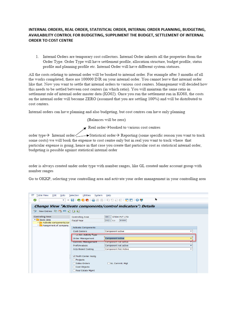 Internal Orders Budgeting Agiainst Internal Order, Settlement | PDF ...