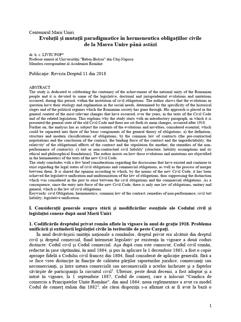 Evoluţii Şi Mutaţii Paradigmatice În Hermeneutica Obligaţiilor civile ...