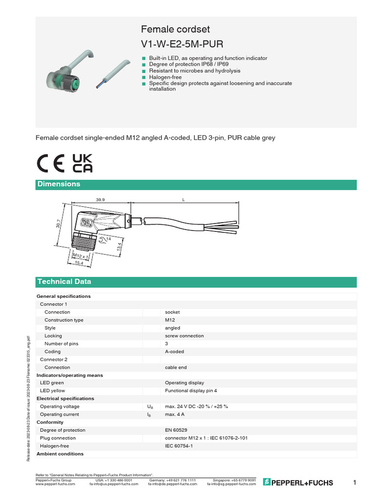 Female Cordset V1-W-E2-5M-PUR: Dimensions | PDF | Electrical Components ...