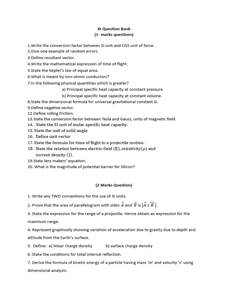 XI Question Bank | PDF | Force | P–N Junction