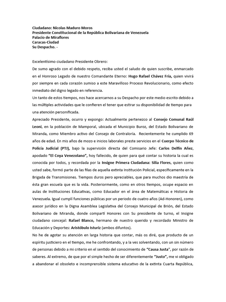 AL CIUDADANO PRESIDENTE NICOLAS MADURO MOROS | PDF | Venezuela ...