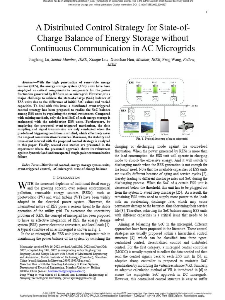 SoC Balance in AC Microgrids via Distributed Control | PDF ...