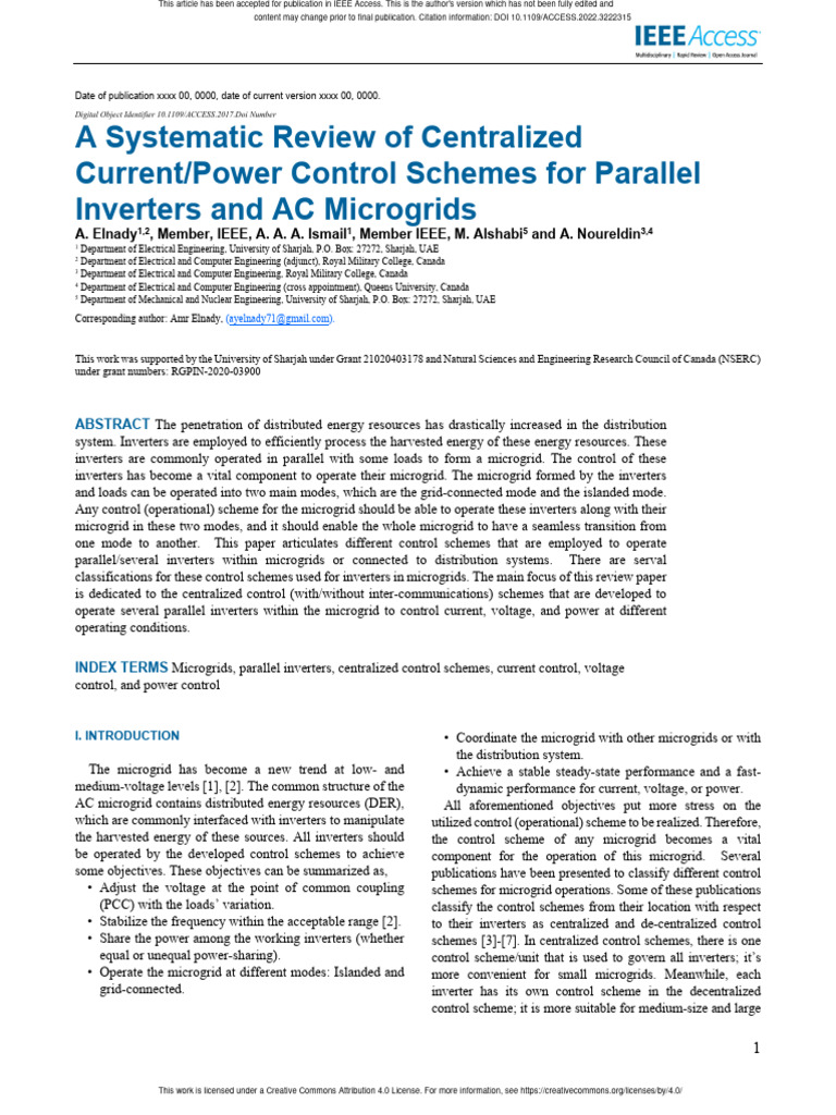 A Systematic Review of Centralized Current Power Control Schemes For Parallel Inverters and AC ...