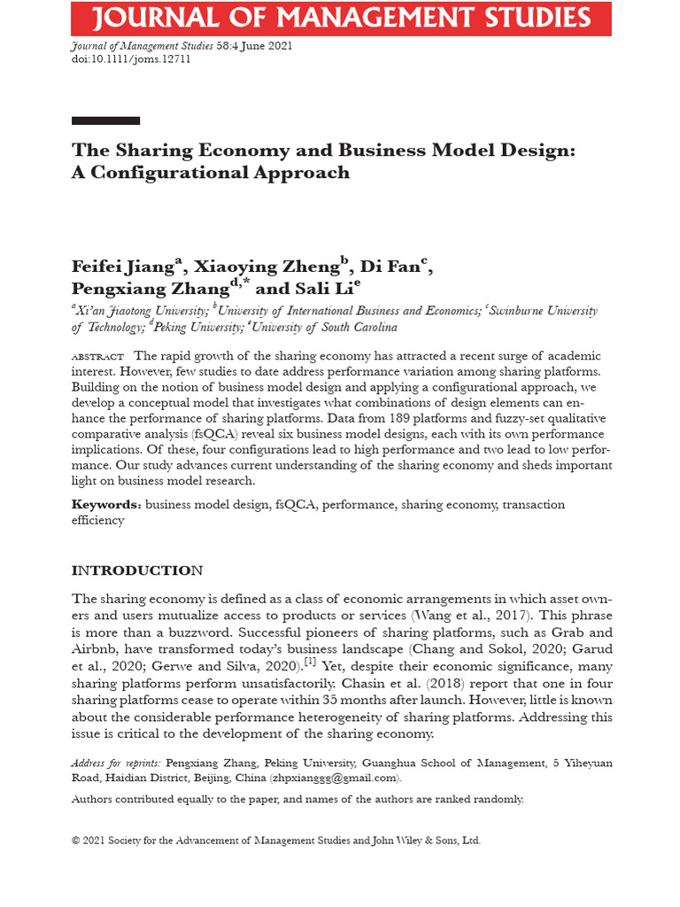 J Management Studies - 2021 - Jiang - The Sharing Economy and Business ... J Management Studies - 2021 - Jiang - The Sharing Economy and Business ...