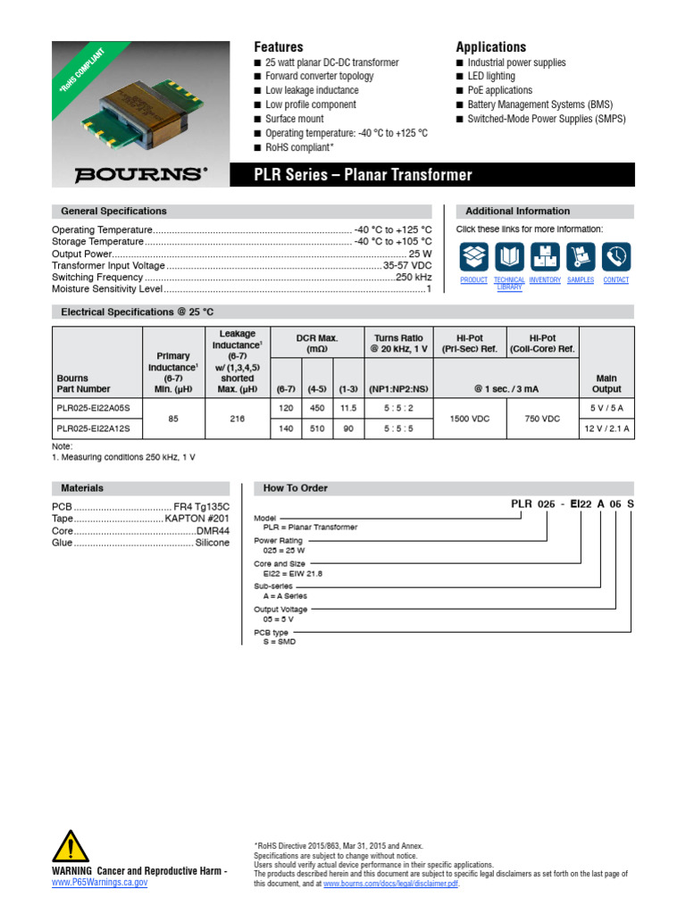 PLR Series - Planar Transformer: Features Applications | PDF | Power Supply | Electrical Components
