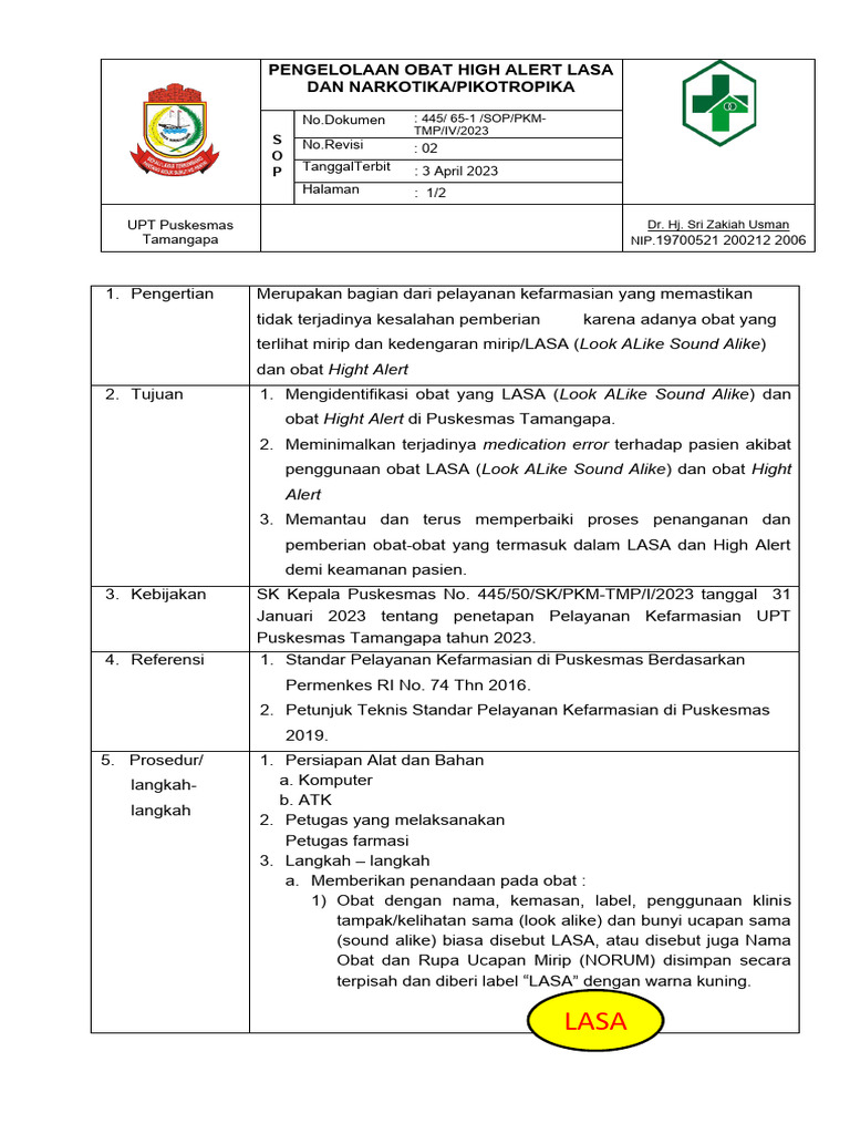 Sop Pengelolaan Obat High Alert, Lasa Dan Napza | PDF