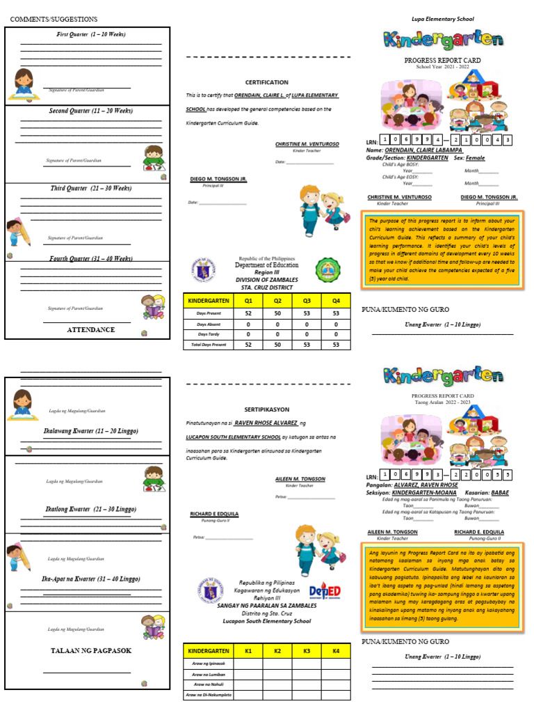 Kindergarten PROGRESS REPORT CARD - ENGLISH | PDF