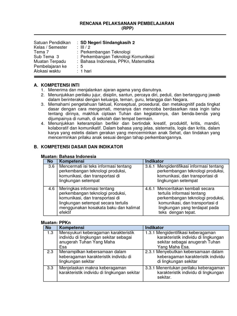 RPP 3 Praktek Mengajar - Kls 3 Tema7 Subtema3 Pb5 | PDF | Karier & Perkembangan | Seni ...