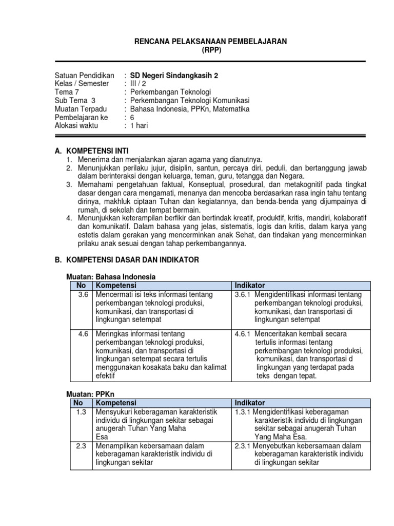 RPP 4 Kls3 Tema7 Subtema3 Pb6 | PDF