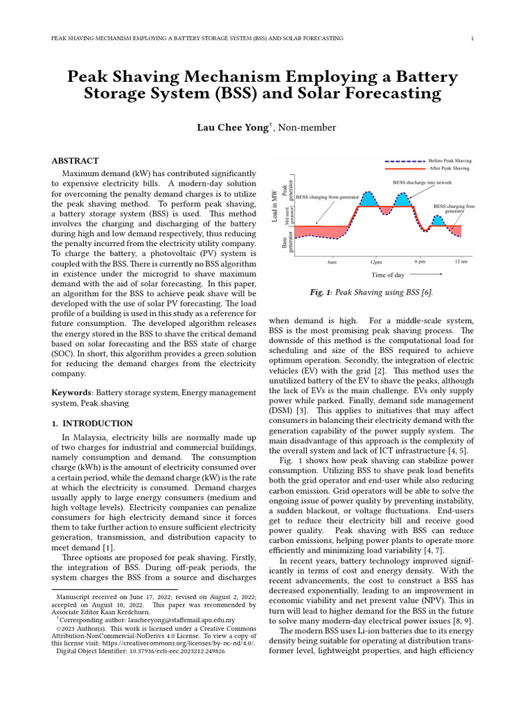 Peak Shaving Mechanism Employing A Battery Storage System (BSS) and Solar Forecasting | Download ...