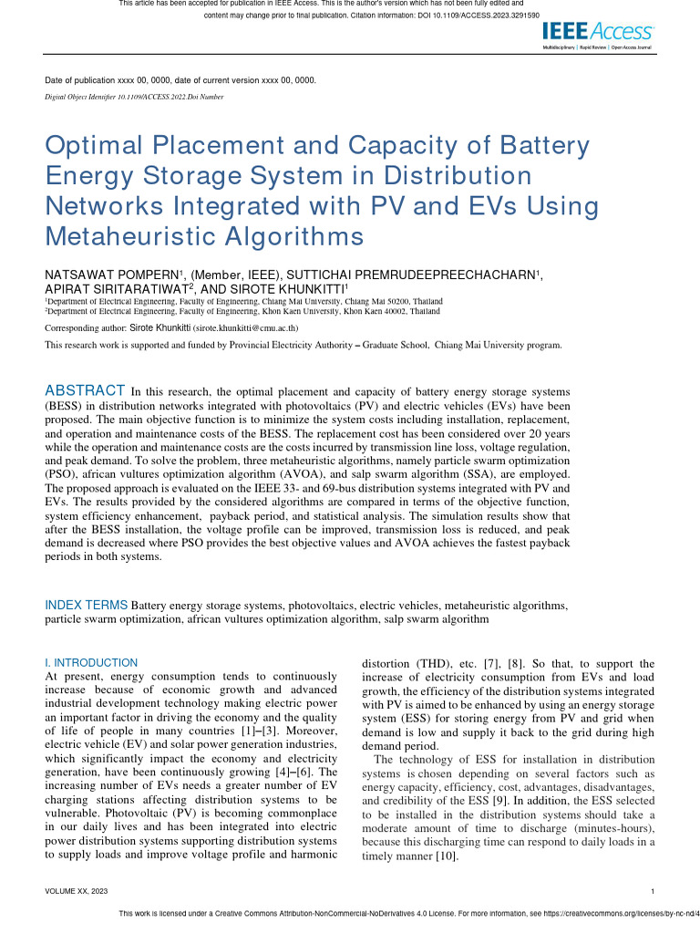 Optimal Placement and Capacity of Battery Energy Storage System in ... Optimal Placement and Capacity of Battery Energy Storage System in ...