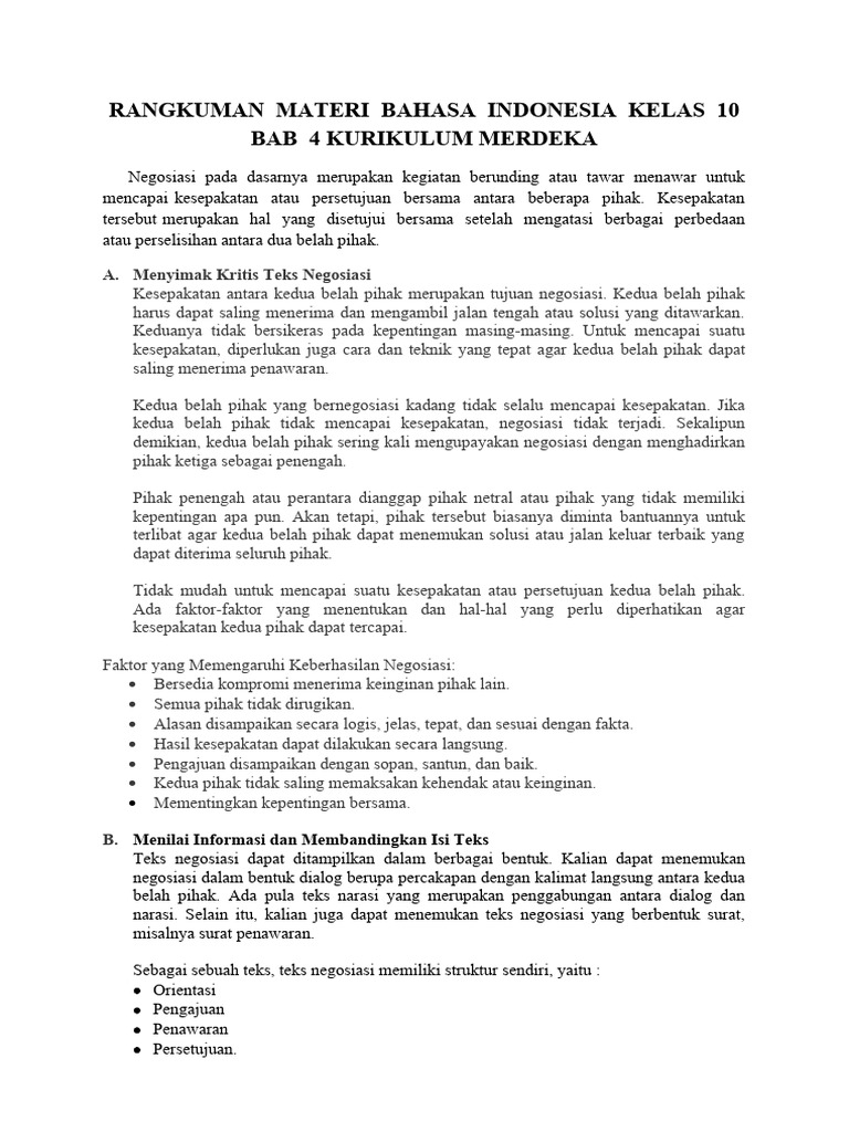 RANGKUMAN MATERI BAHASA INDONESIA KELAS 10 BAB 4 KURIKULUM MERDEKA | PDF