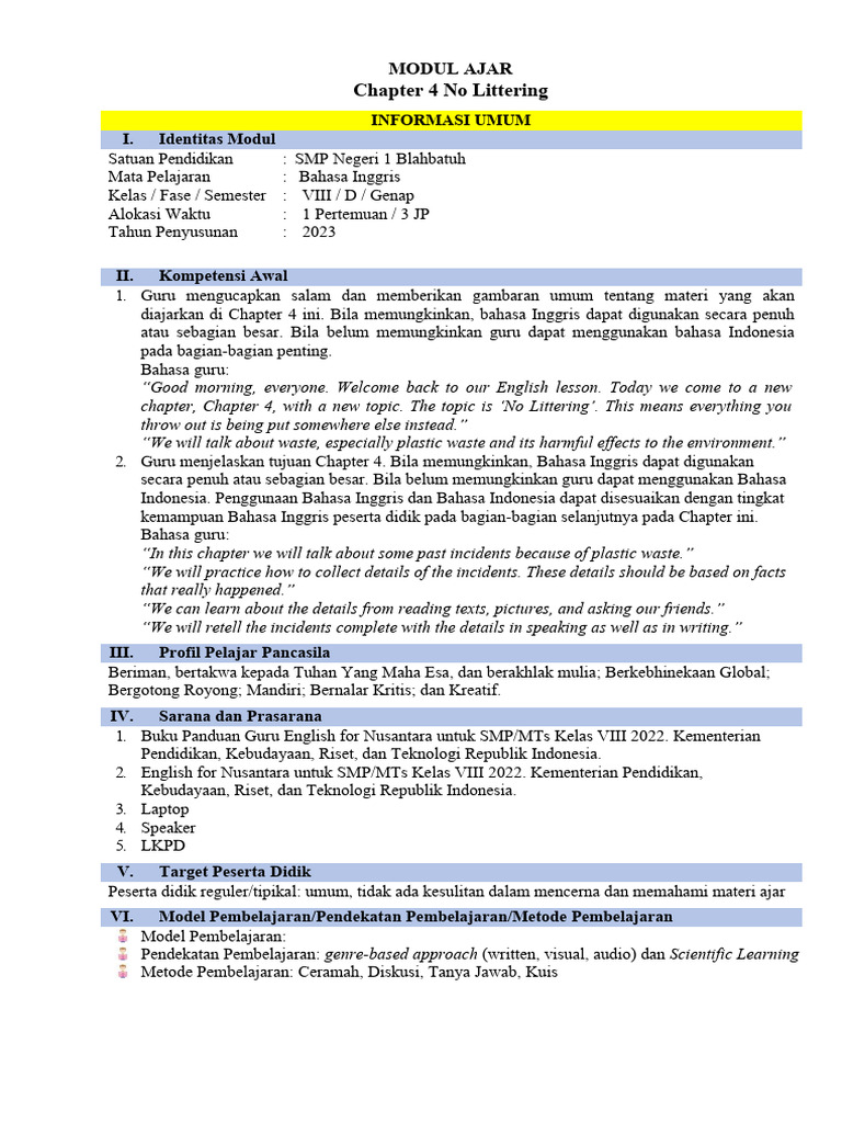 Modul Ajar English 8 Chapter 4 No Littering WES | PDF