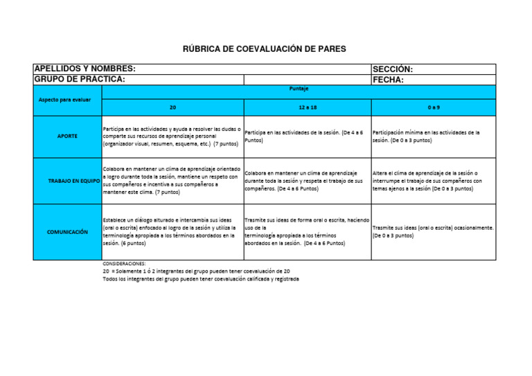 Rúbrica de Coevaluación de Pares | Descargar gratis PDF | Aprendizaje | Modificación de ...