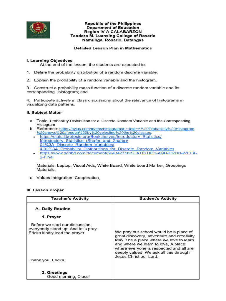 FORMAT-OF-LESSON-PLAN | PDF | Probability Distribution | Histogram