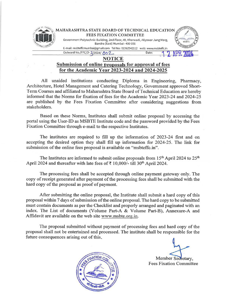 Notice Documents Norms MSBTE FFC 12042024 | PDF