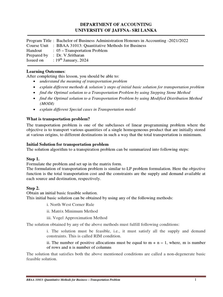 Handout 05 - Transportation Models | PDF | Mathematical Optimization | Algorithms