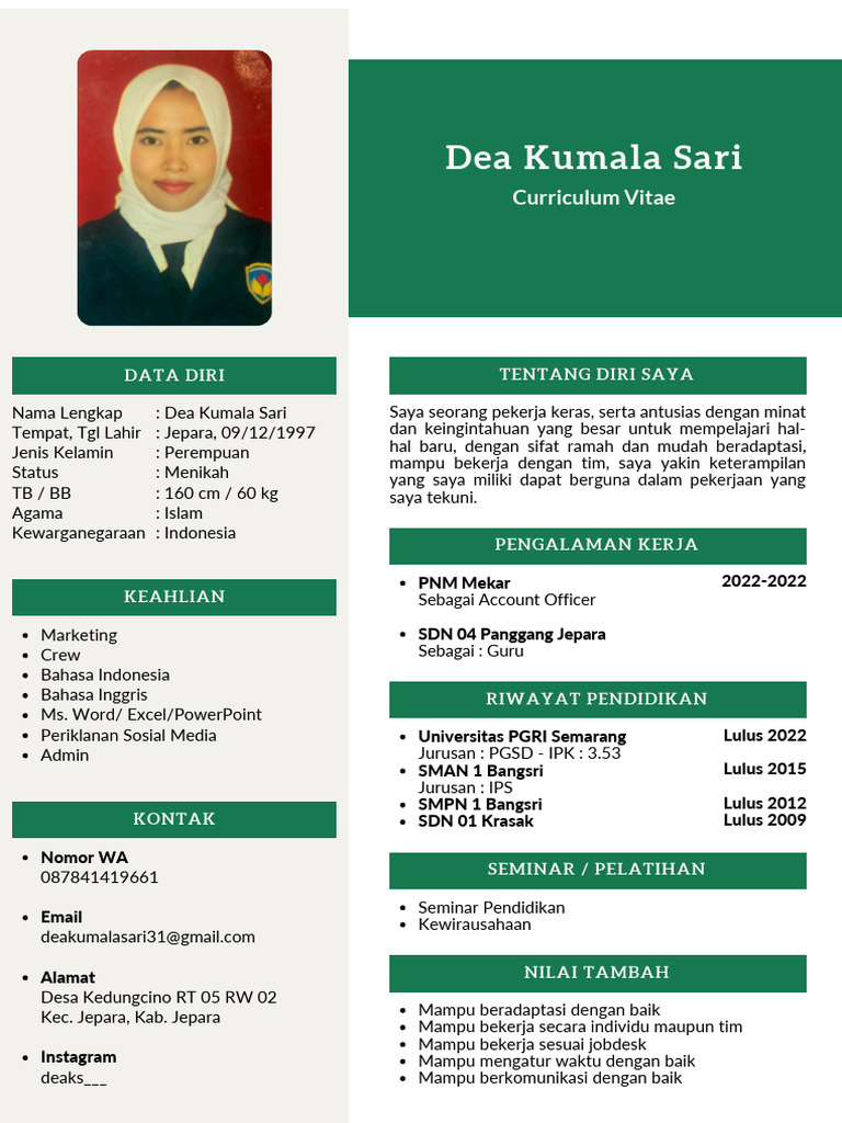 CV-Dea Kumala Sari | PDF | Karier & Perkembangan