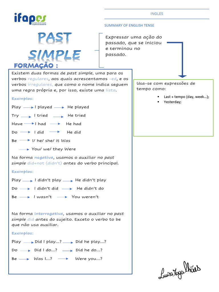 Apontamentos de inglês Past_Simple | PDF