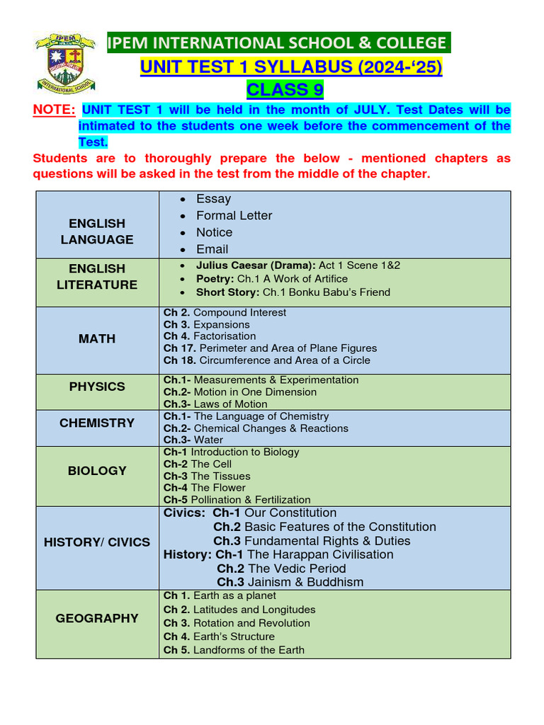 CL9 UT1 Syllabus-iwEnlL | PDF