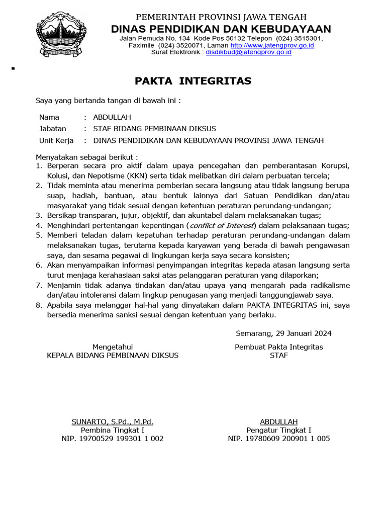 Contoh Format Pakta Integritas | PDF