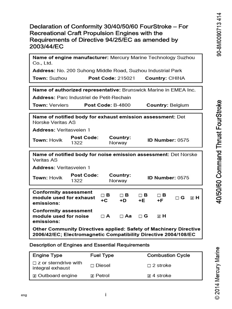 Mercury Paeramootori Kasutusjuhend 40 60hj ENG | PDF | Exhaust Gas | Engines