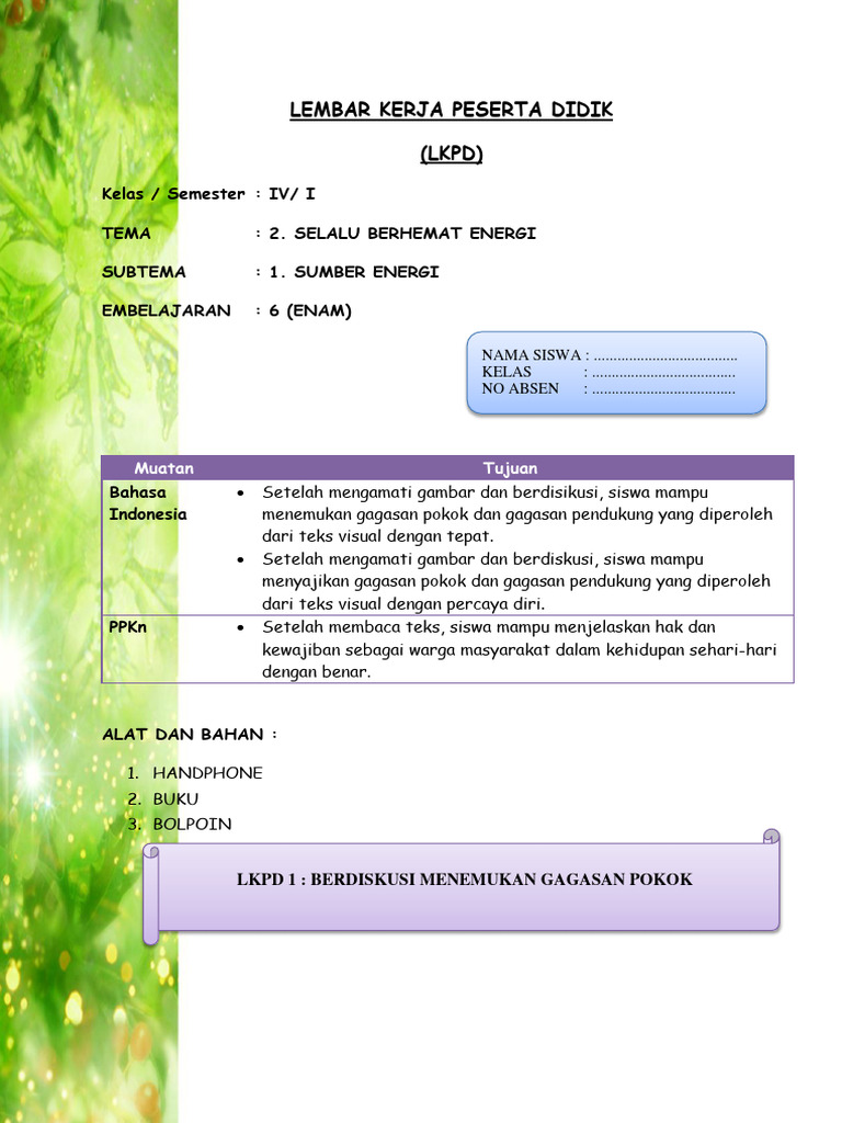 LKPD Hemat Energi Kelas 4 | PDF