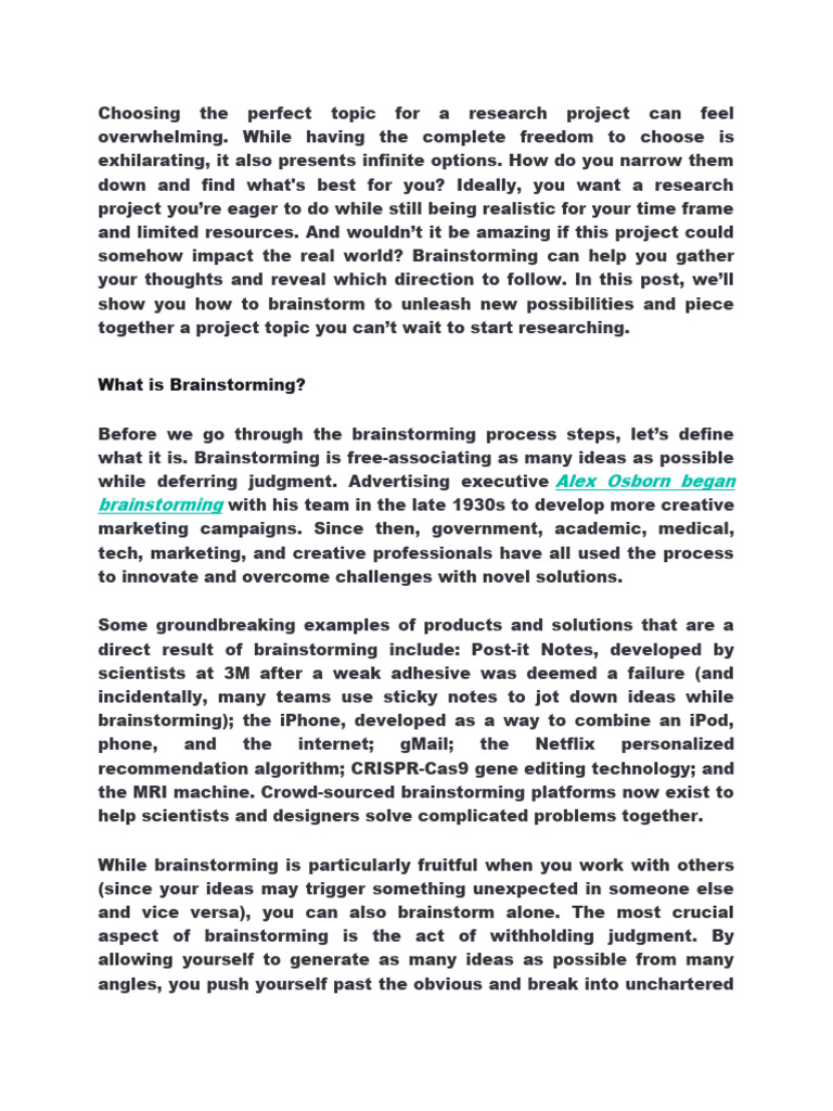 Brainstorming Research Project Ideas | PDF | Brainstorming | Thought