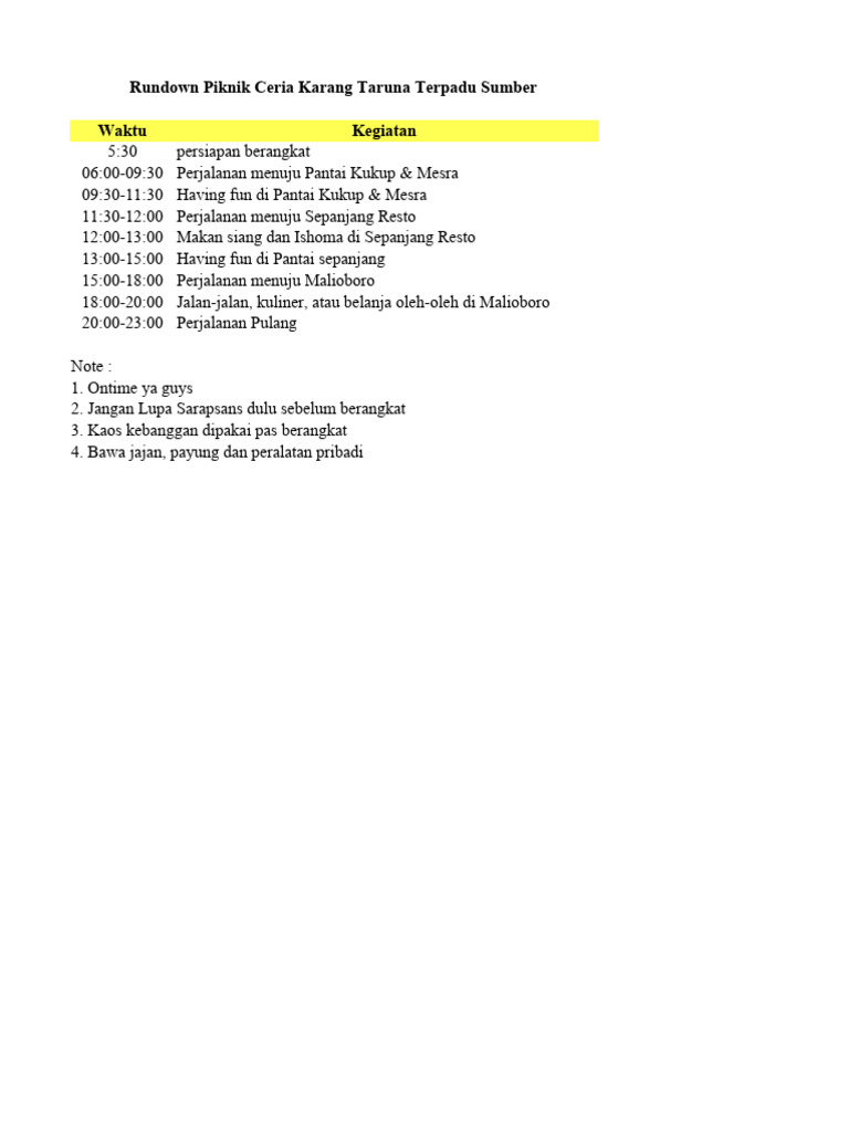 Rundown acara piknik | PDF