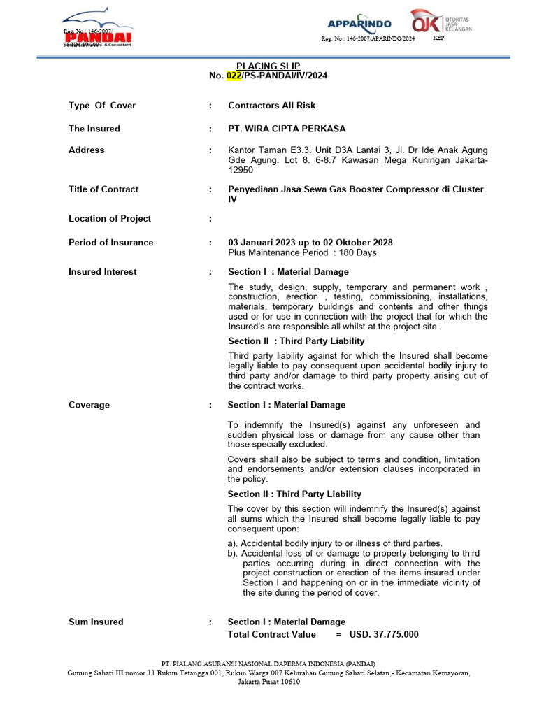 Placing Slip Car Pt. Wira Cipta Perkasa | PDF | Liability Insurance ...
