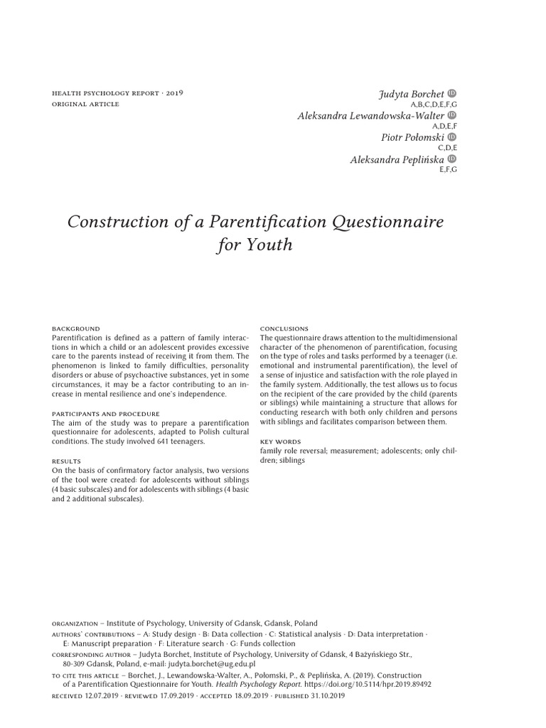 Construction of A Parentification Questionnaire For Youth | PDF ...
