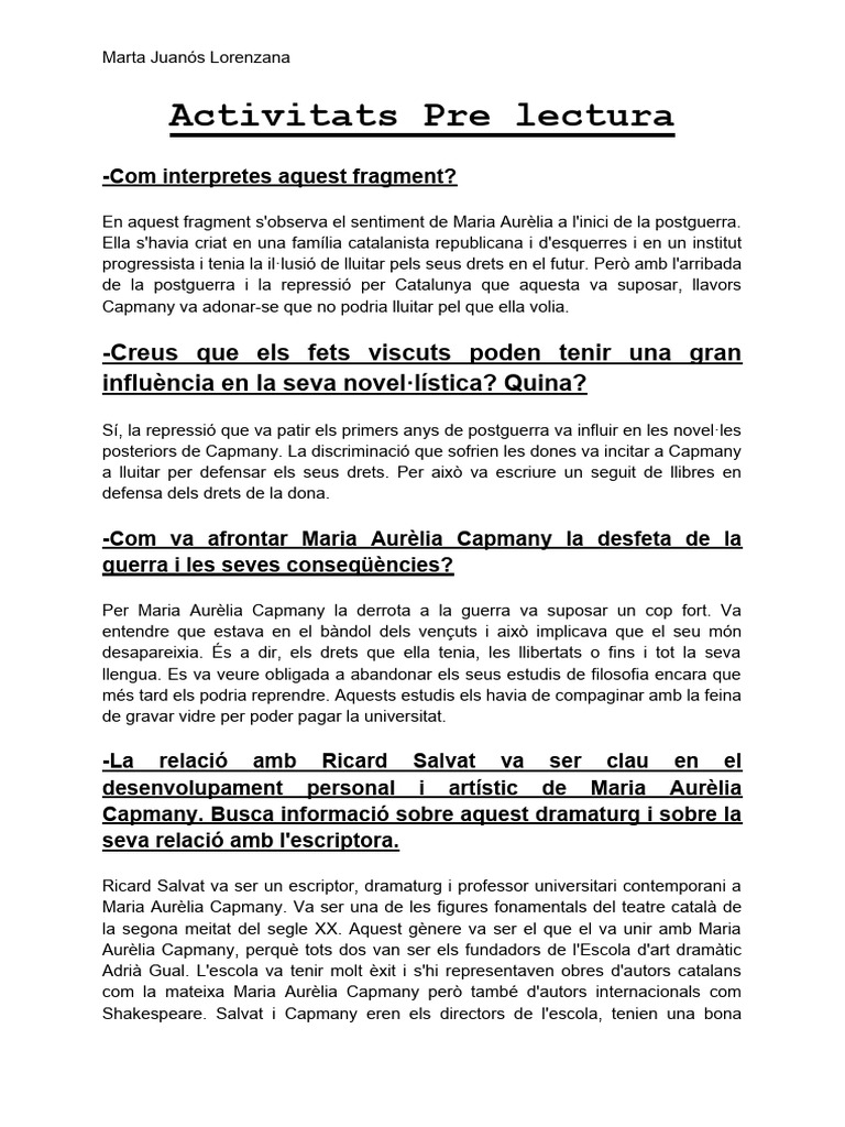 Activitats Pre Lectura | PDF