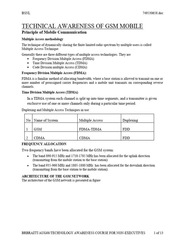 1 13363technology Awareness of GSM Mobile | PDF | Channel Access Method | Computer Network
